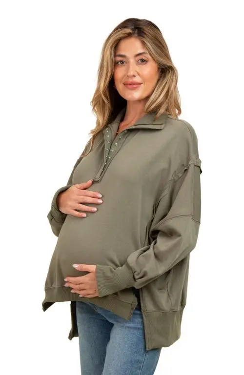 PINKBLUSH Snap Button Pullover Henley Sweatshirt - Olive Green