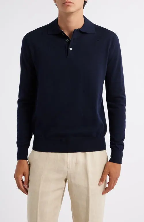 AURELIEN Long Sleeve Cashwool® Polo Sweater - Navy