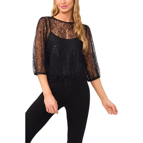 CECE DUPRAZ Metallic Floral Lace Top - Rich Black