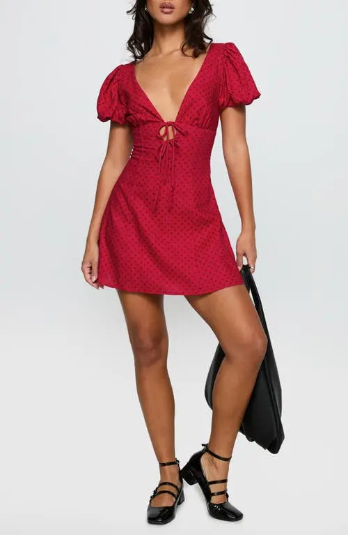 Princess Polly Polka Dot Puff Sleeve Linen Blend Mini Dress