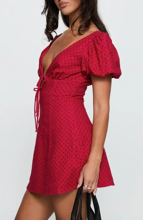 Princess Polly Polka Dot Puff Sleeve Linen Blend Mini Dress