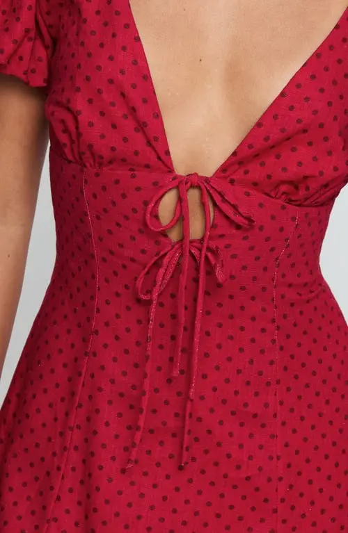 Princess Polly Polka Dot Puff Sleeve Linen Blend Mini Dress