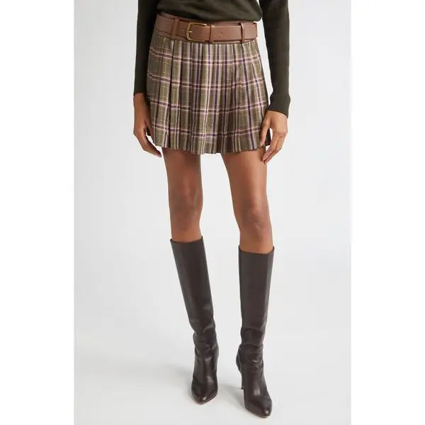 Ramy Brook Metallic Plaid Mini Skirt With Faux Leather Belt
