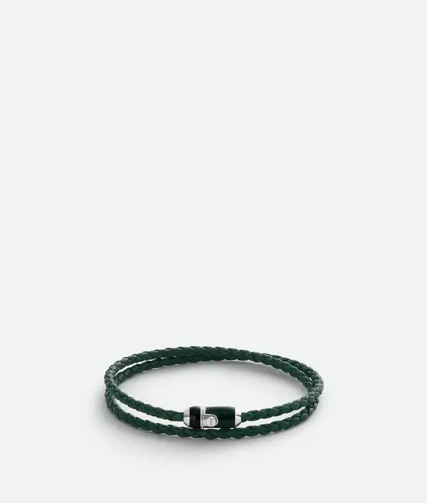BOTTEGA  VENETA Braided Leather And Sterling Silver Bracelet - Black/emerald Green