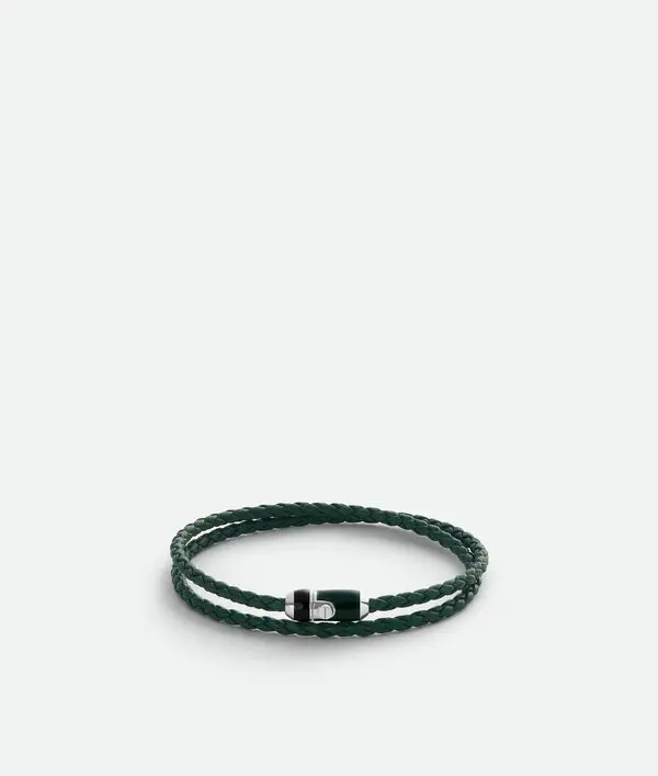BOTTEGA  VENETA Braided Nappa Leather And Sterling Silver Bracelet - Black/emerald Green