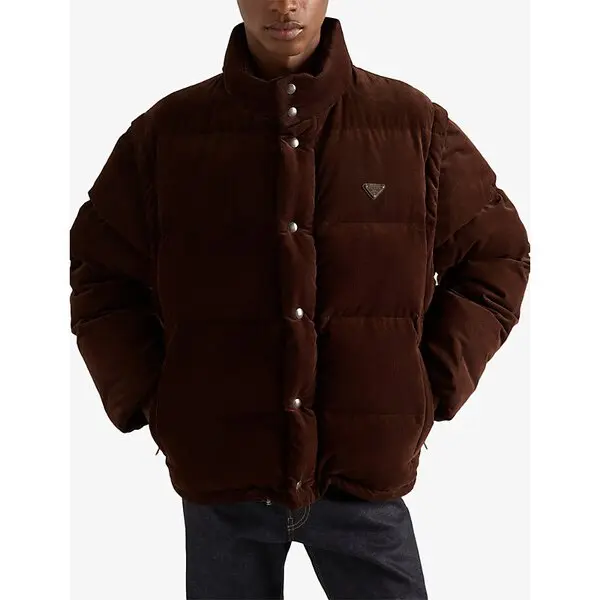 Prada Logo-plaque Corduroy Down Jacket - Brown