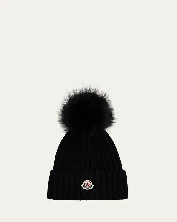 Moncler Ribbed Beanie With Faux Fur Pom - Black