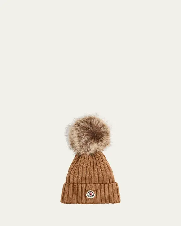 Moncler Ribbed Beanie With Faux Fur Pom - Tan