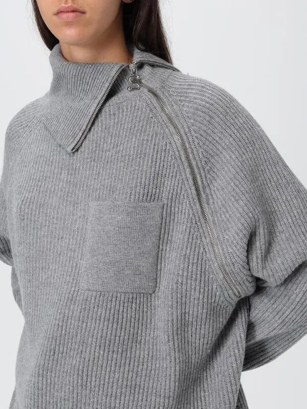 Sportmax Ribbed Knit Sweater With Pocket And Zip Detail - Grey