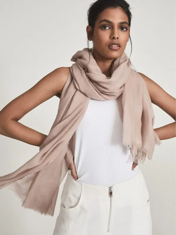 REISS Heidi Wool Cashmere Lightweight Scarf - Blush