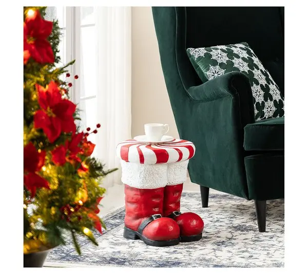 GLITZHOME 14.5'h Christmas Peppermint Boot Stoo L/table - One-color