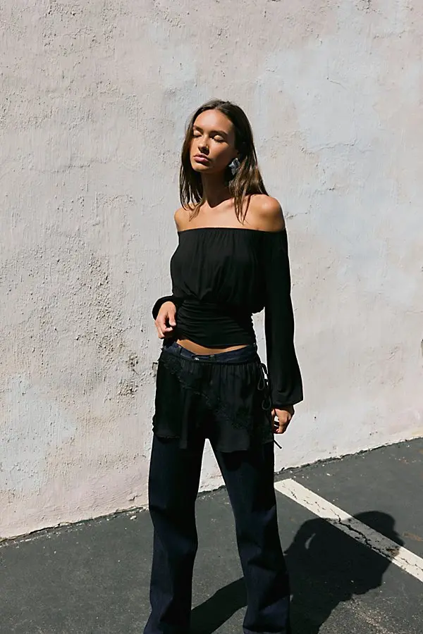 Free People Off-the-shoulder Ruched Top With Balloon Sleeves - Black
