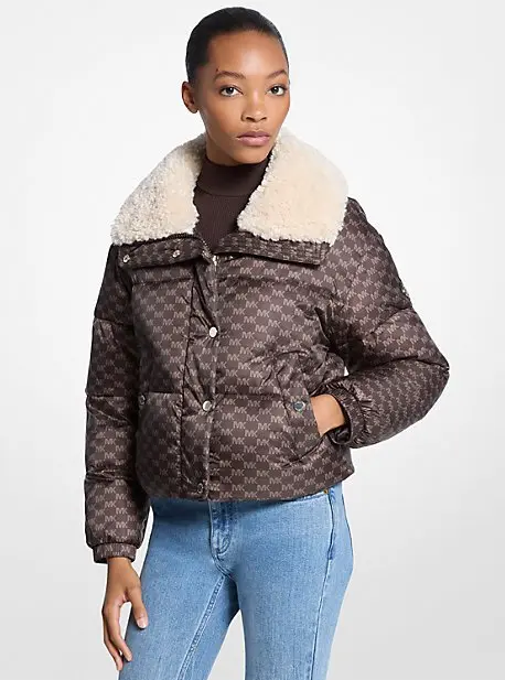 Michael Kors Logo Print Sherpa Puffer Jacket - Brown
