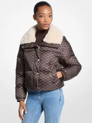 Michael Kors Logo Print Sherpa Puffer Jacket - Brown