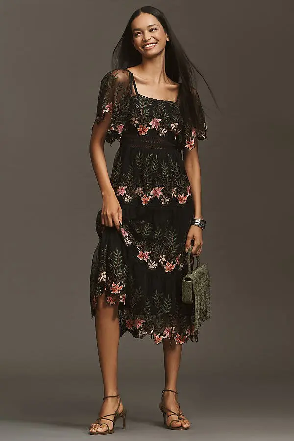 green emerald velvet dress Irène sequined floral-embroidered midi dress in Black