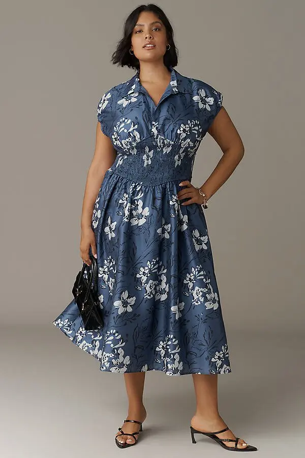 HUTCH Smocked-waist Short-sleeve Midi Dress - Navy Floral Print