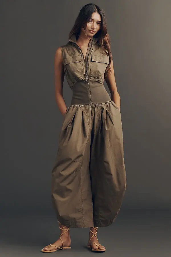Anthropologie Mixed Media Vest Jumpsuit - Olive