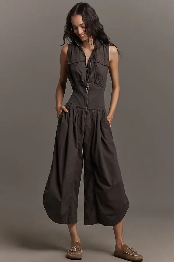 Anthropologie Mixed Media Vest Jumpsuit - Warm Charcoal