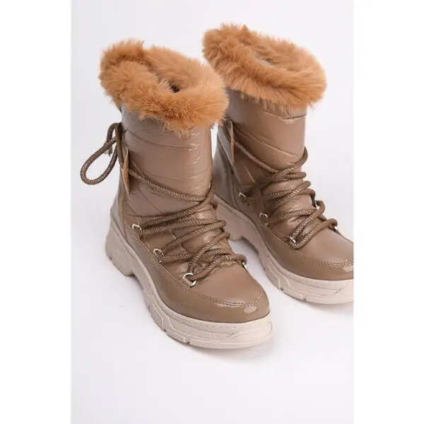 PROLOGUE SHOES Rosie Fur Lined Boots - Light Beige Faux Leather