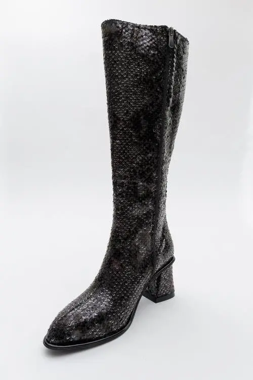 PROLOGUE SHOES Elly Pattern Block Heel Boots - Black Pattern Faux Leather