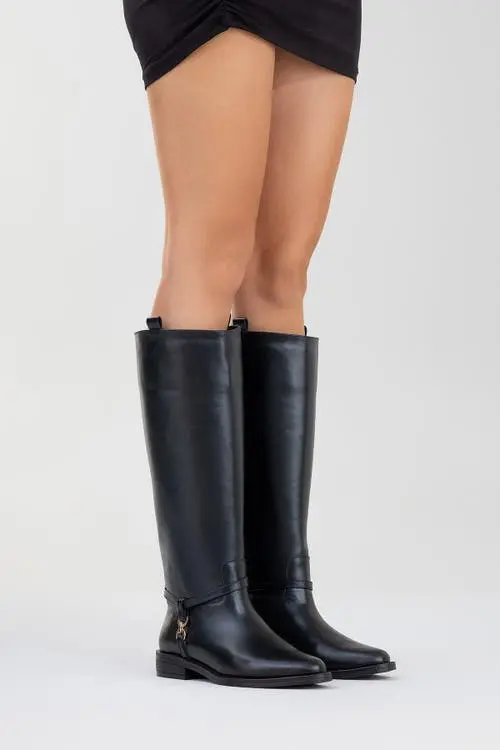 FOREVER & ALWAYS SHOES Leather Knee High Buckle Boots