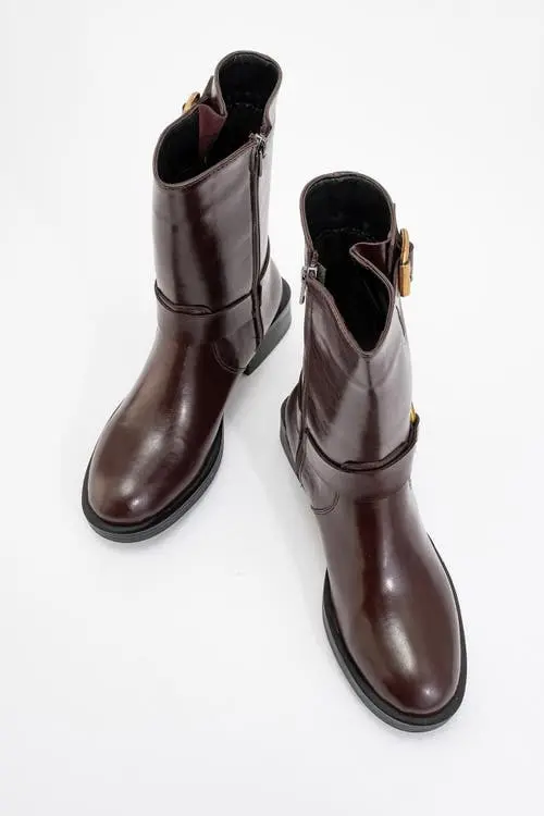 PROLOGUE SHOES Fies Buckled Boots - Burgundy Faux Leather