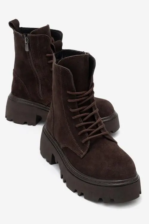 FOREVER & ALWAYS SHOES Leather Lace-up Ankle Boots - Brown Suede Leather