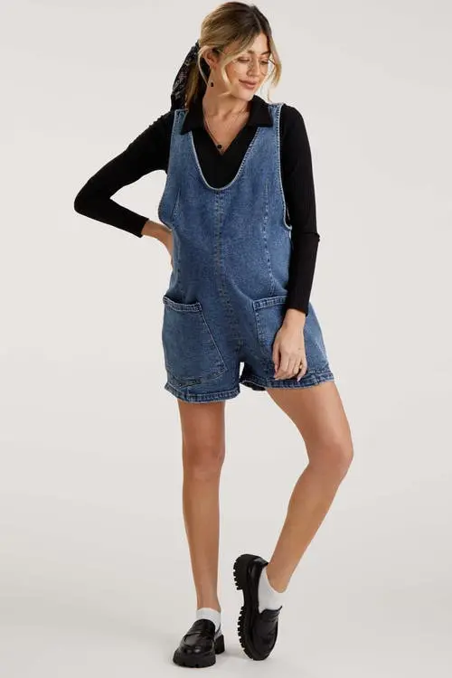 PINKBLUSH Denim Scoop Neck Short Overall - Blue