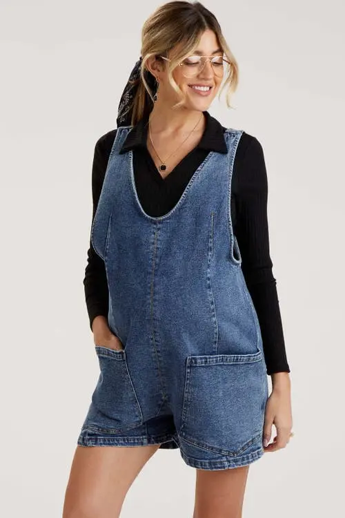 PINKBLUSH Denim Scoop Neck Short Overall