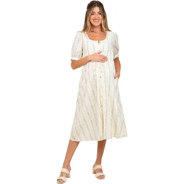 PINKBLUSH Swiss Dot Floral Print Button-down Midi Dress - Light Blue