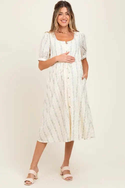 PINKBLUSH Floral Print Button Down Midi Dress - Light Blue