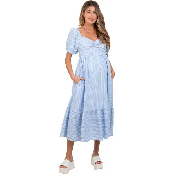 PINKBLUSH Sweetheart Stripe Smocked Back Midi Dress - Light Blue