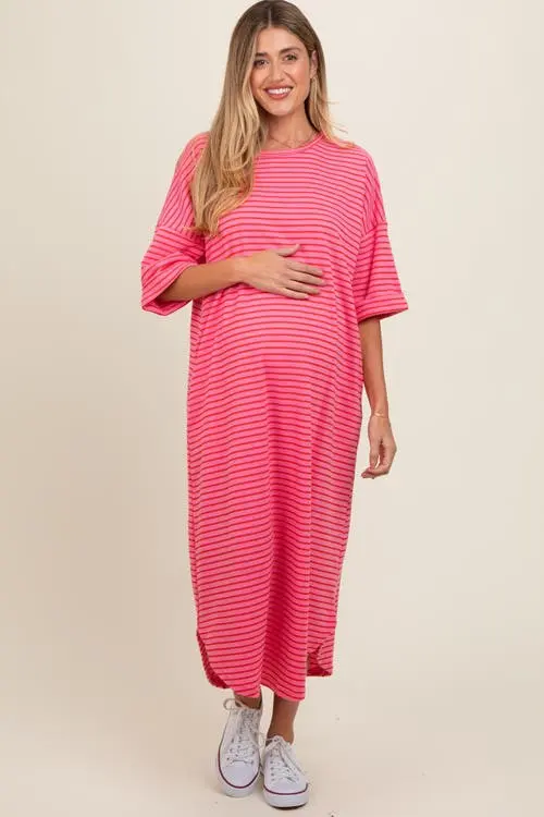 PINKBLUSH Striped Terry Maternity Maxi Dress - Fuschia