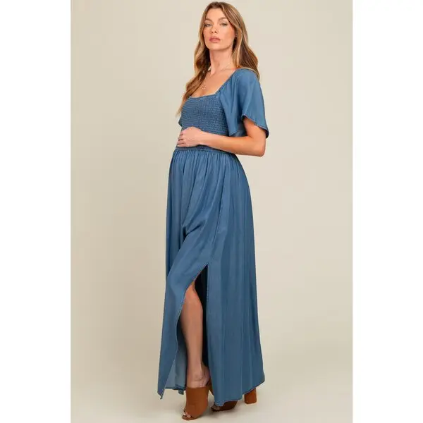 PINKBLUSH Chambray Smocked Maternity Maxi Dress - Blue