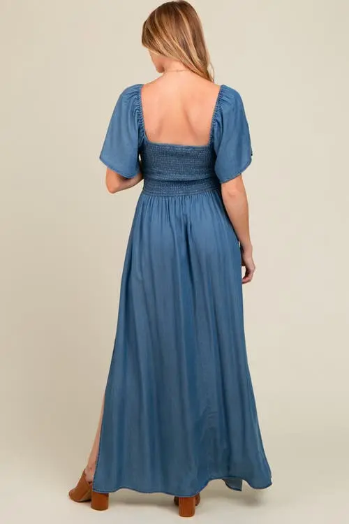 PINKBLUSH Chambray Smocked Maternity Maxi Dress - Blue