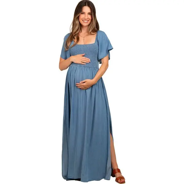 PINKBLUSH Chambray Smocked Maternity Maxi Dress - Light Blue