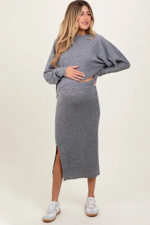 PINKBLUSH Ribbed Knit Asymmetric Top Midi Skirt Set - Heather Grey