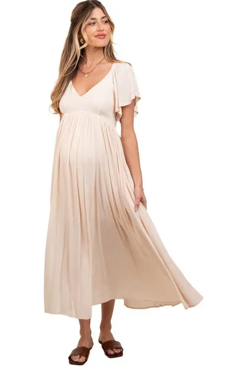 PINKBLUSH Midi Dress With V-neck And Flutter Short Sleeves - Cream