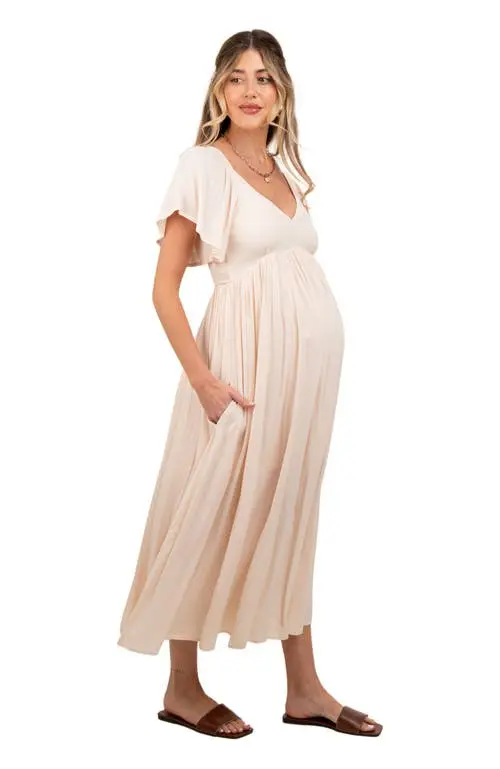 PINKBLUSH Midi Dress With V-neck And Flutter Short Sleeves - Cream