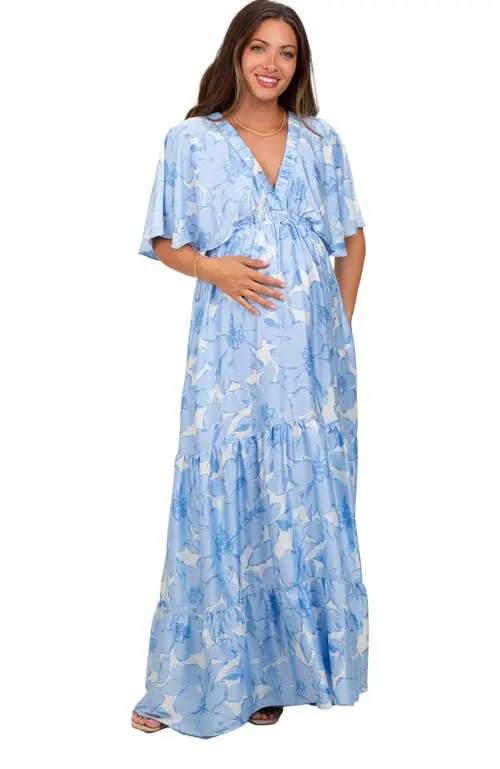 PINKBLUSH Floral Short Sleeve Deep V-neck Tiered Maxi Dress