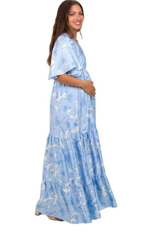 PINKBLUSH Floral Short Sleeve Deep V-neck Tiered Maxi Dress