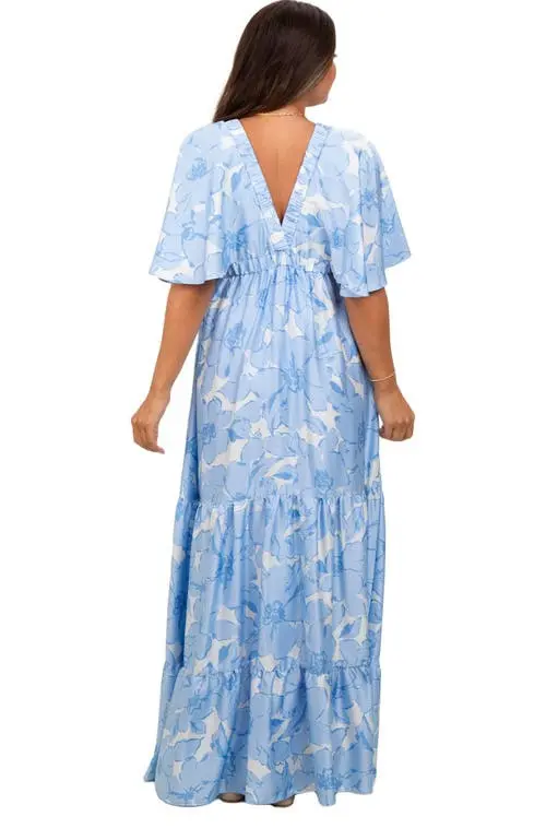 PINKBLUSH Floral Short Sleeve Deep V-neck Tiered Maxi Dress