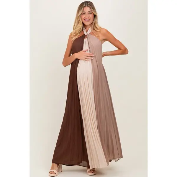 PINKBLUSH Color Block Pleated Halter Neck Maxi Dress - Brown