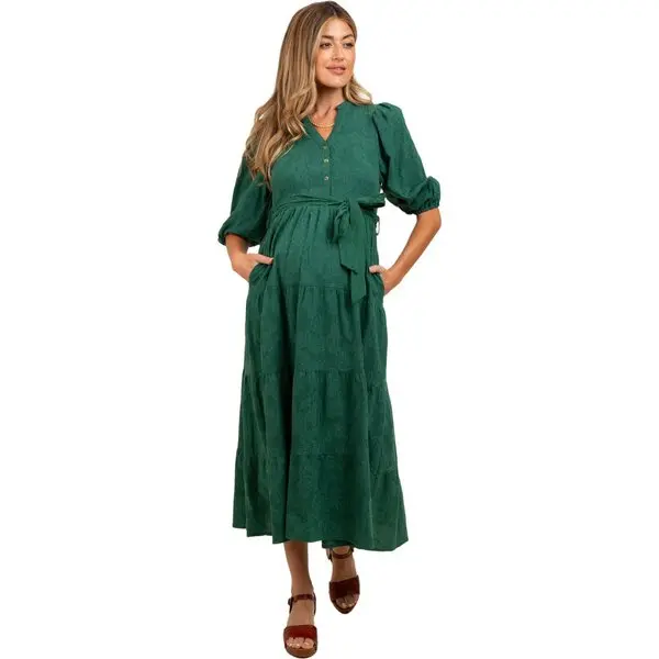 PINKBLUSH Floral Jacquard Button Front Tiered Maxi Dress - Forest Green