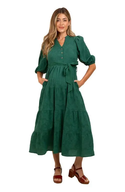 PINKBLUSH Floral Jacquard Button Front Tiered Maxi Dress - Forest Green