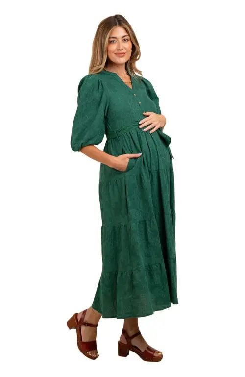 PINKBLUSH Floral Jacquard Button Front Tiered Maxi Dress - Forest Green
