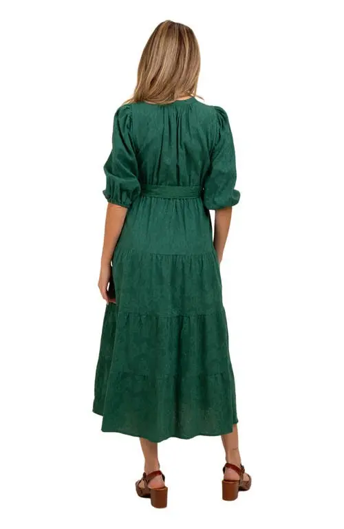 PINKBLUSH Floral Jacquard Button Front Tiered Maxi Dress - Forest Green