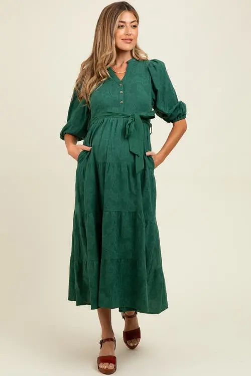 PINKBLUSH Floral Jacquard Button Front Tiered Maxi Dress - Forest Green