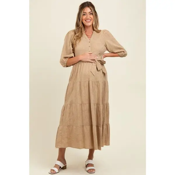 PINKBLUSH Floral Jacquard Button Front Tiered Maternity Dress - Taupe