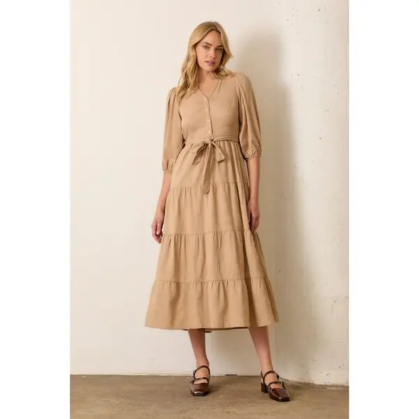 PINKBLUSH Floral Jacquard Button Front Tiered Maternity Dress - Taupe